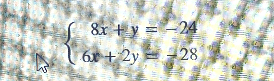 Solved 8x+y=-246x+2y=-28 ﻿Solve the linear equations by | Chegg.com