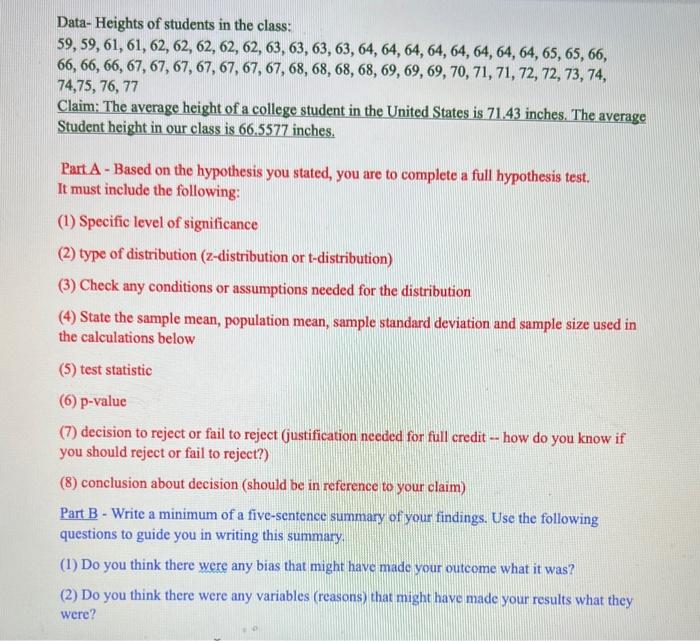 Solved Data- Heights of students in the class: | Chegg.com