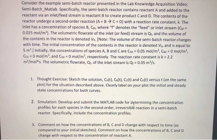 Consider the example semi-batch reactor presented in | Chegg.com