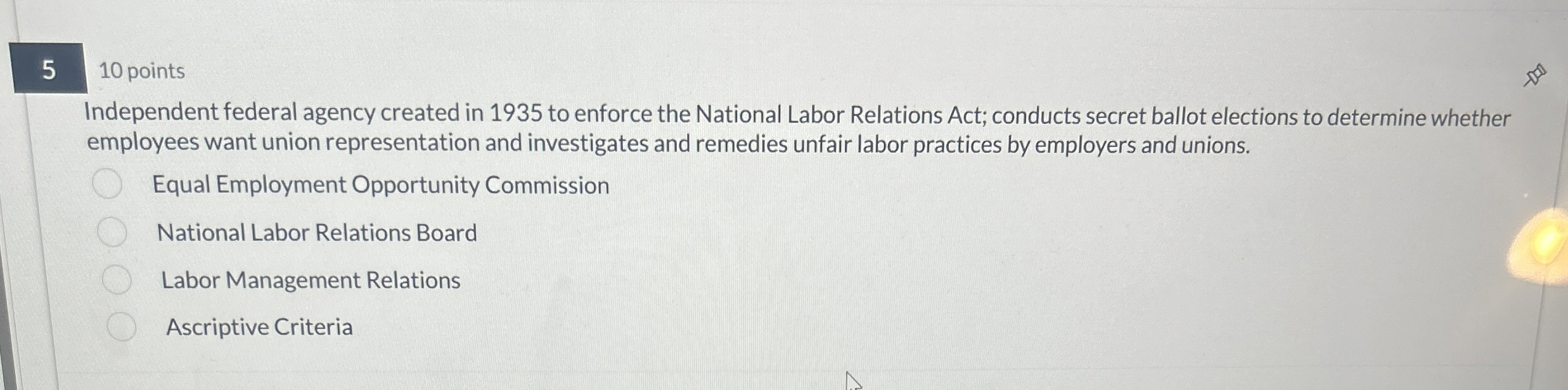 Solved 510 ﻿pointsIndependent federal agency created in 1935 | Chegg.com