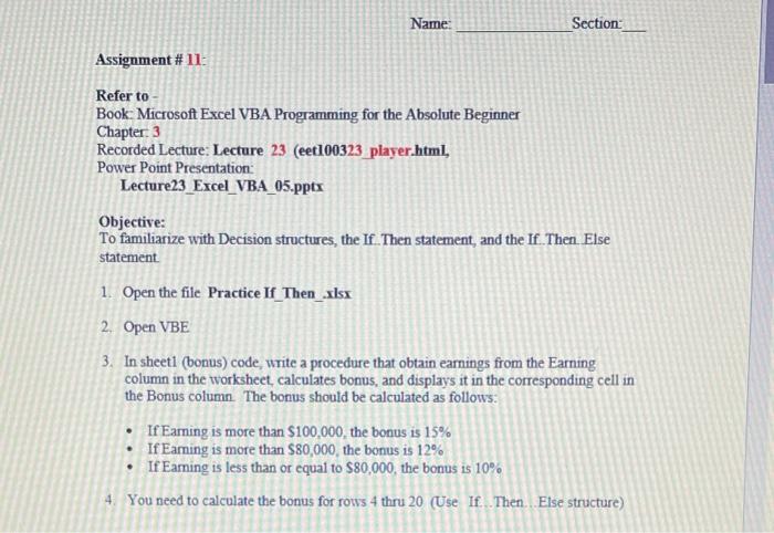 Solved Name: Section: Assignment# 11: Refer to Book: | Chegg.com