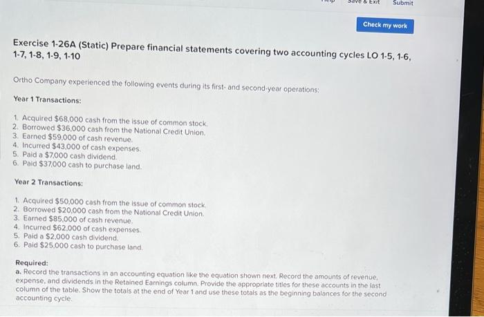 Solved Exercise 1-26A (Static) Prepare financial statements | Chegg.com