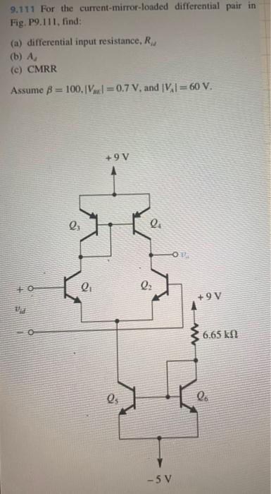 Solved 9.111 For the current-mirror-loaded differential pair | Chegg.com