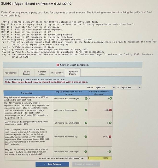 Solved GL0601 (Algo) - Based on Problem 6-2A LO P2 Carter | Chegg.com