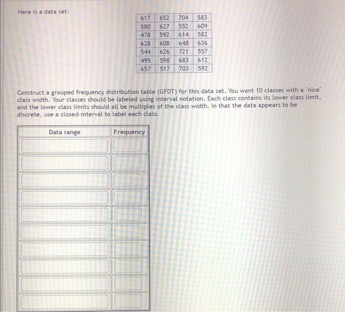 Solved Here is a data set: Construct a grouped frequency | Chegg.com