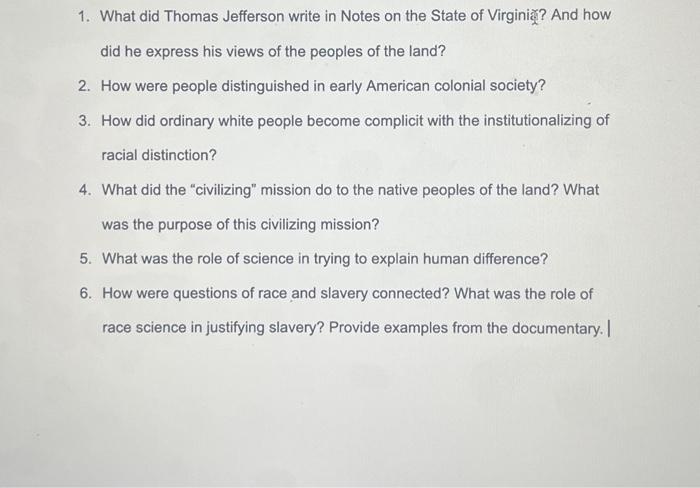 1. What did Thomas Jefferson write in Notes on the | Chegg.com