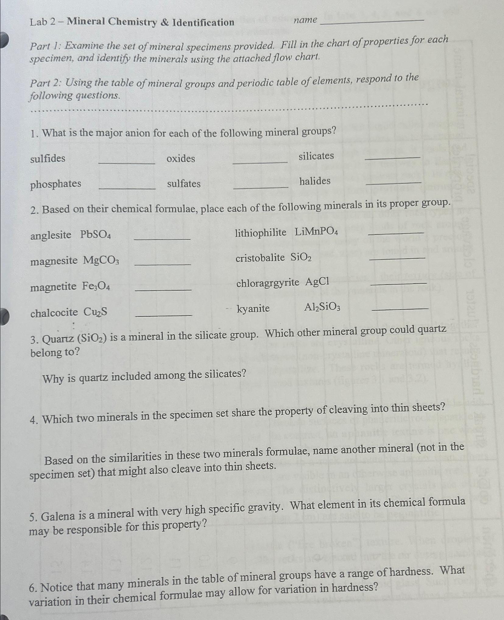 Solved Lab 2 - ﻿Mineral Chemistry & IdentificationnamePart | Chegg.com