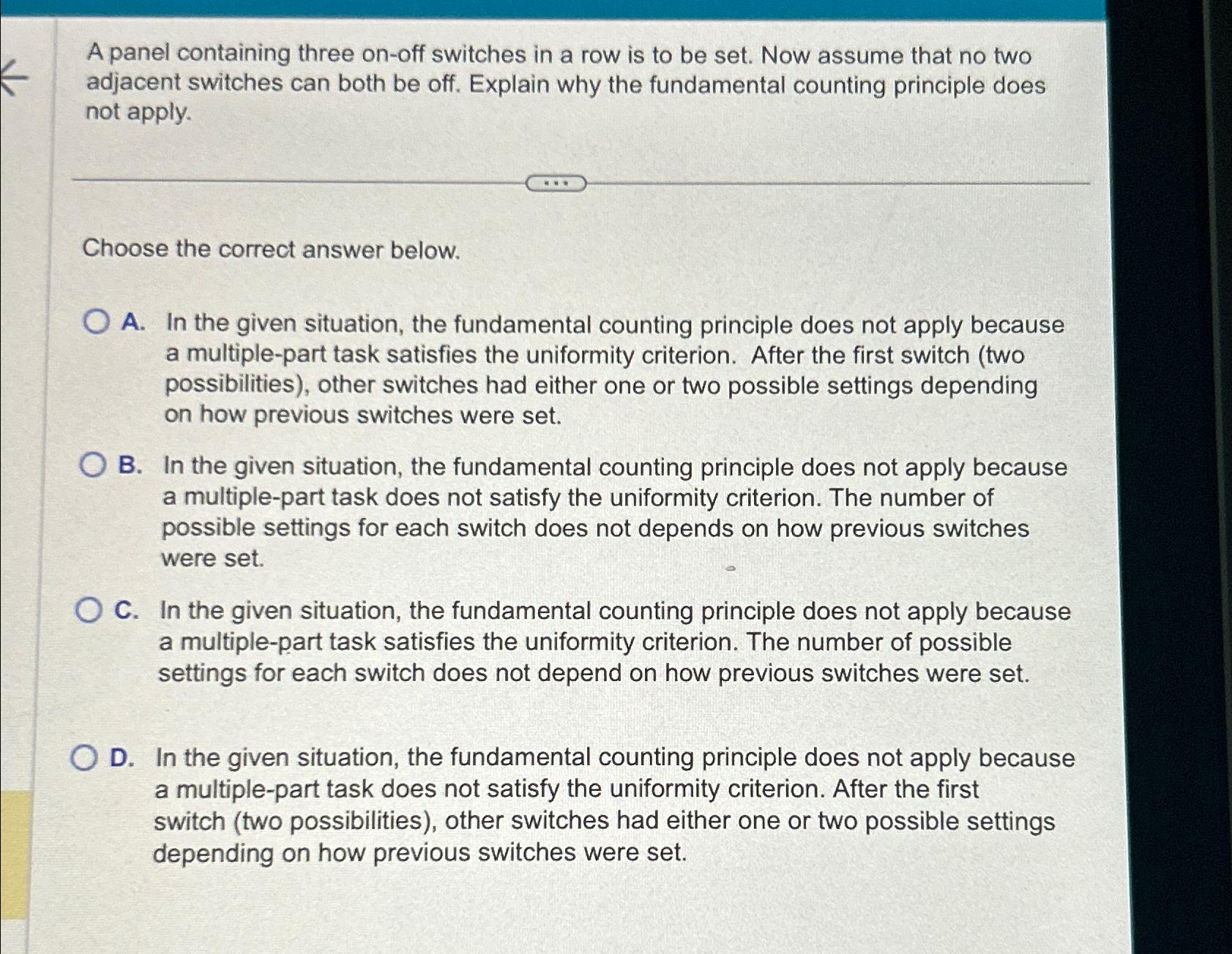 Solved A panel containing three on-off switches in a row is | Chegg.com