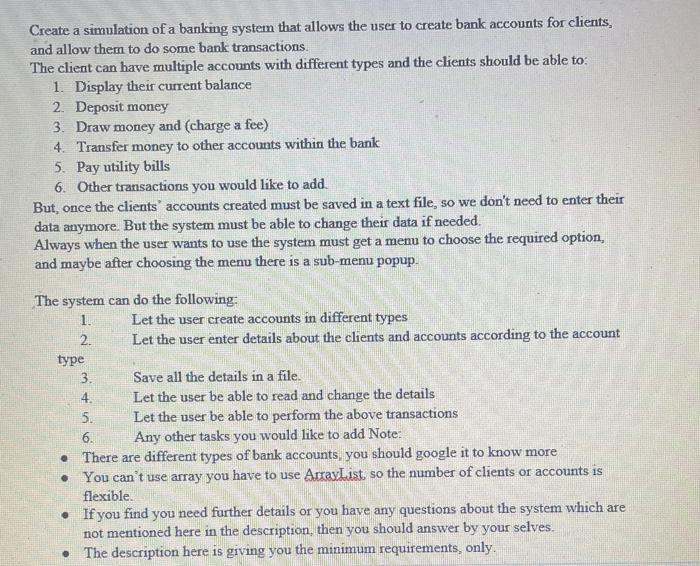 Solved Create a simulation of a banking system that allows | Chegg.com
