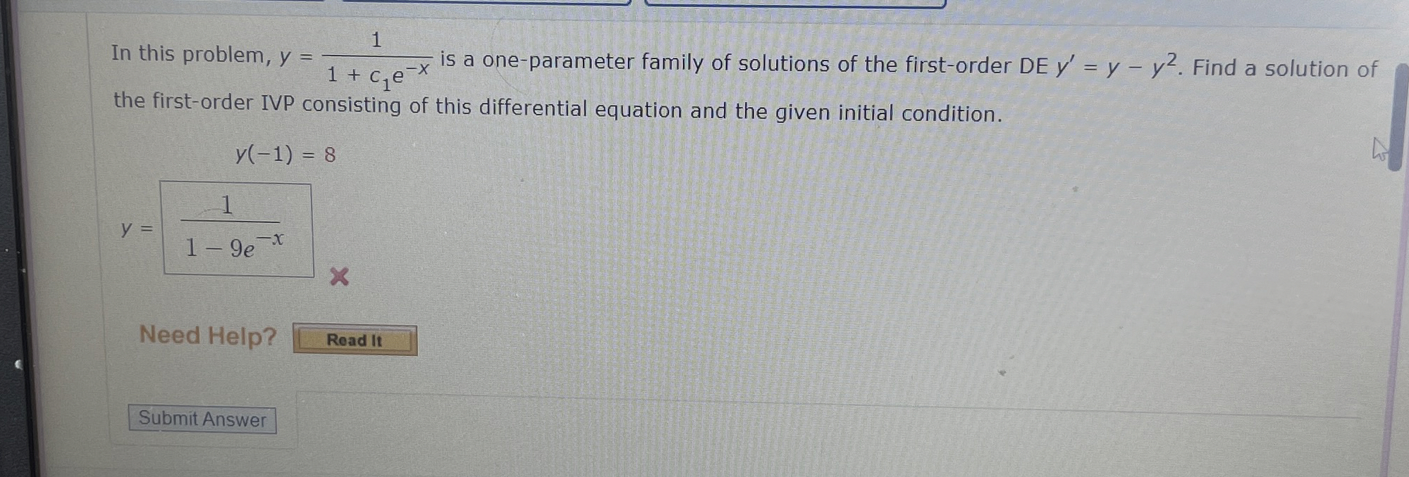 Solved In this problem, y=11+c1e-x ﻿is a one-parameter | Chegg.com