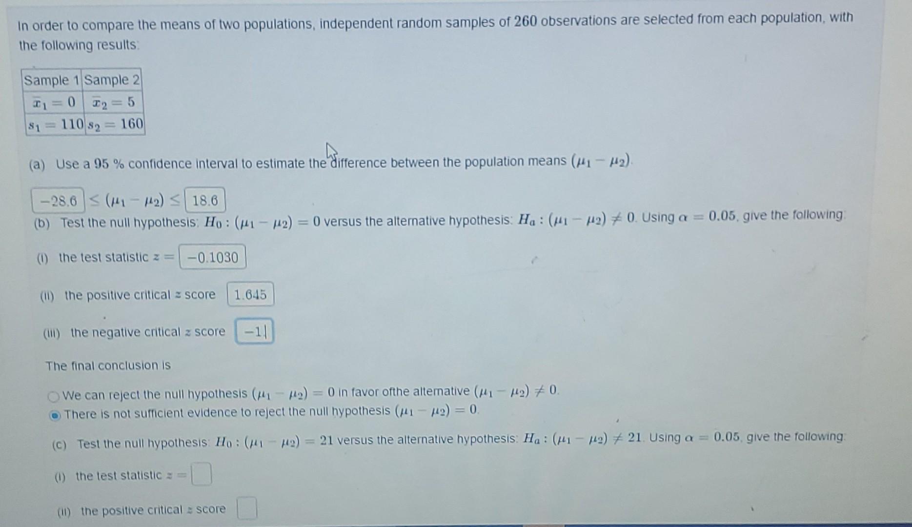 Solved In order to compare the means of two populations, | Chegg.com