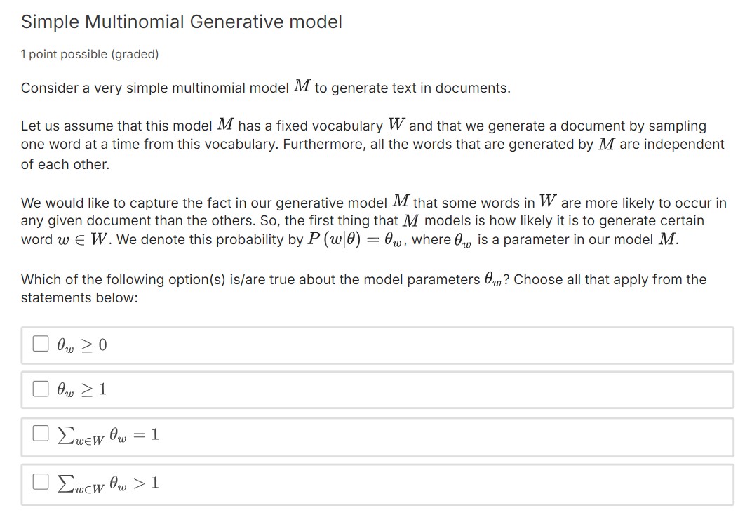 Solved Simple Multinomial Generative model1 ﻿point possible | Chegg.com