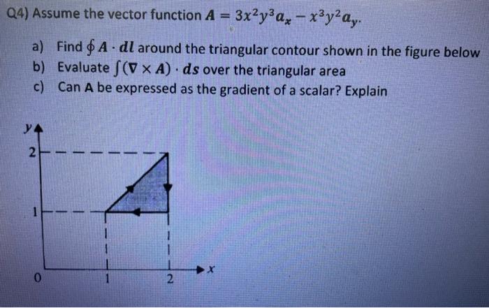 Solved Q4) Assume the vector function A=3x2y3ax−x3y2ay. a) | Chegg.com