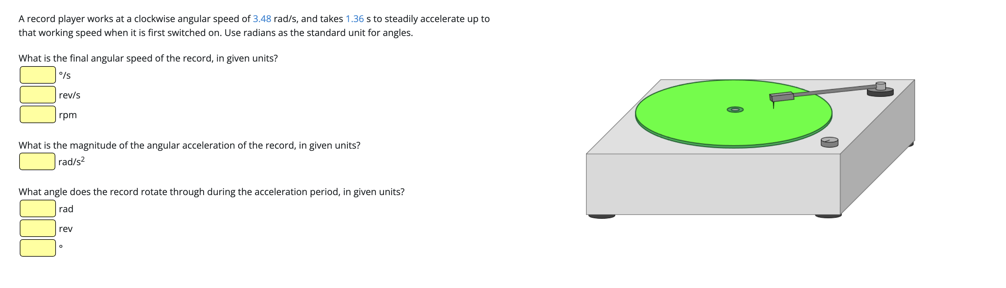 Solved A record player works at a clockwise angular speed of | Chegg.com