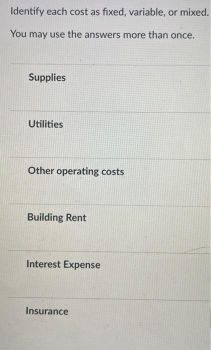 Solved Identify each cost as fixed, variable, or mixed. You | Chegg.com