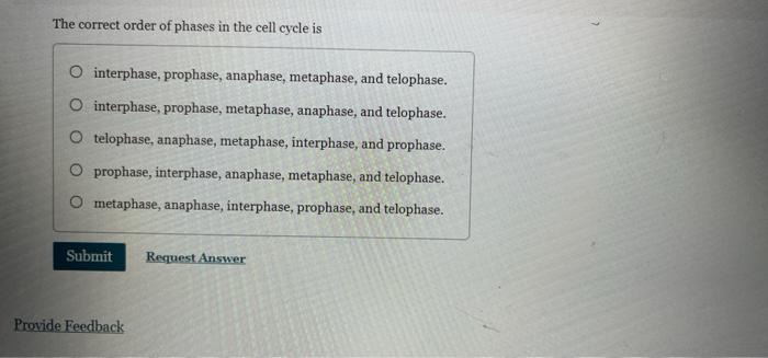 Solved The correct order of phases in the cell cycle is O | Chegg.com