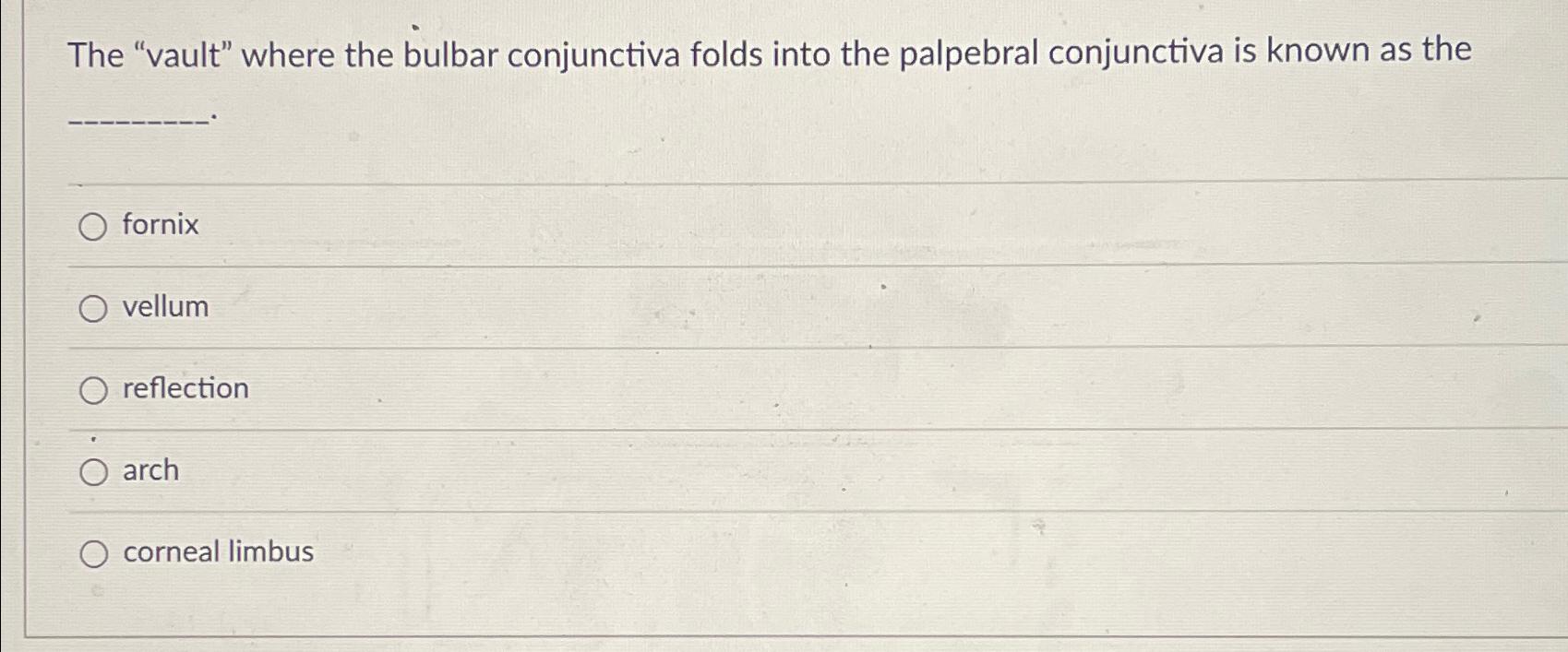 Solved The "vault" where the bulbar conjunctiva folds into | Chegg.com