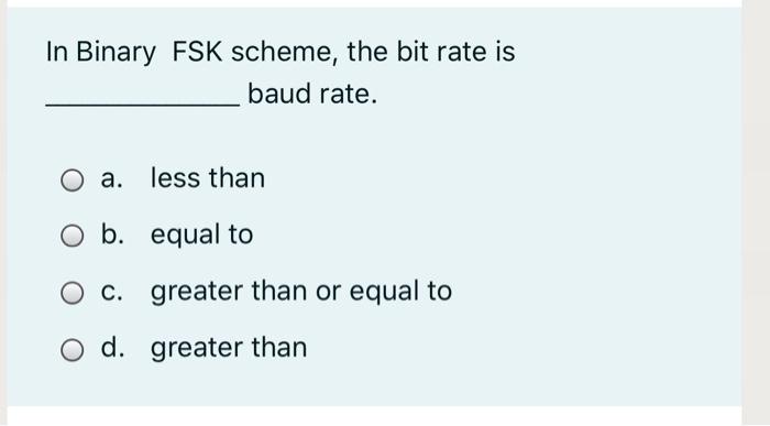 Solved In Binary FSK scheme, the bit rate is baud rate. . a. | Chegg.com