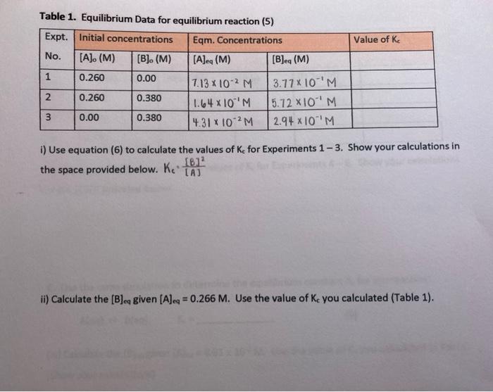 Solved Value of Kc Table 1. Equilibrium Data for equilibrium | Chegg.com