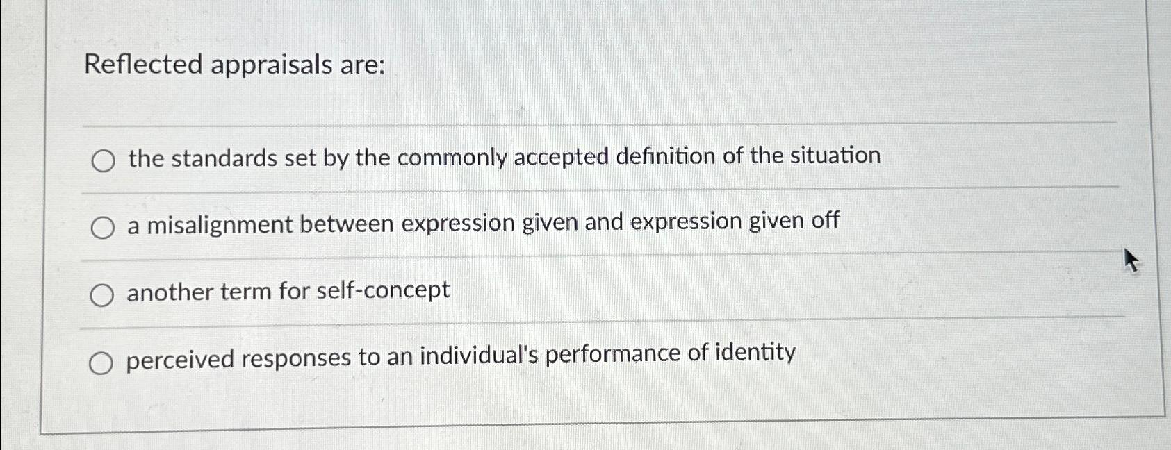 Solved Reflected appraisals are:the standards set by the | Chegg.com
