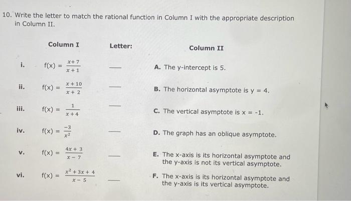 Solved 0. Write the letter to match the rational function in | Chegg.com