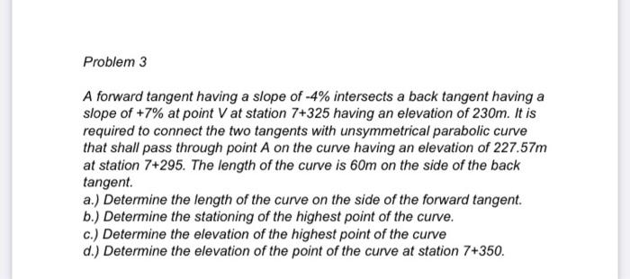 Solved Problem 3 A forward tangent having a slope of -4% | Chegg.com