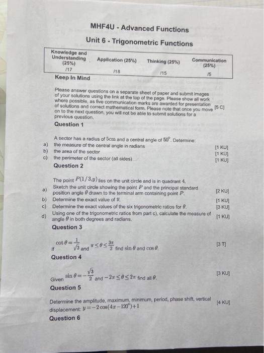 Solved MHF4U - Advanced Functions Unit 6 - Trigonometric | Chegg.com