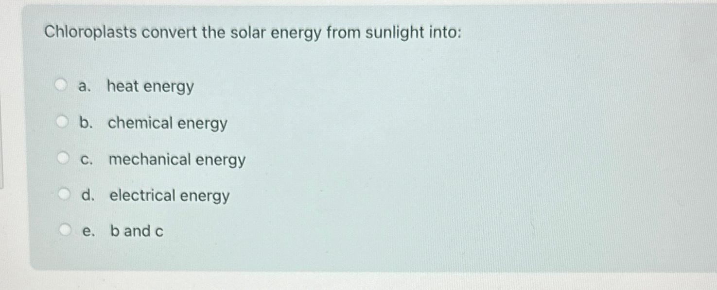 Solved Chloroplasts convert the solar energy from sunlight | Chegg.com Solved Chloroplasts convert the solar energy from sunlight | Chegg.com