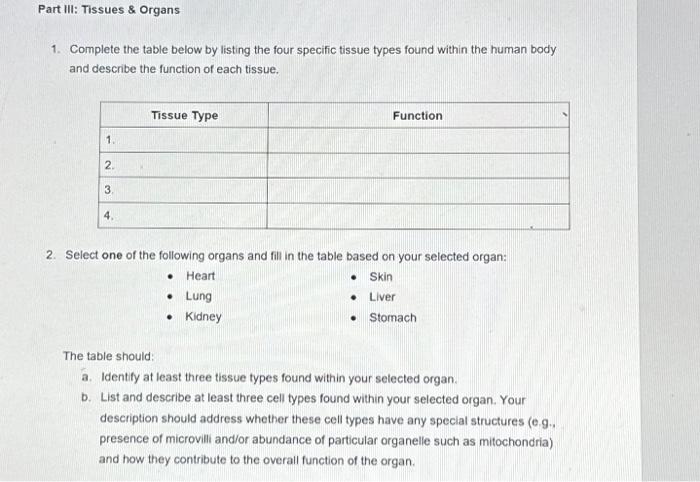 Solved Part III: Tissues & Organs 1. Complete the table | Chegg.com