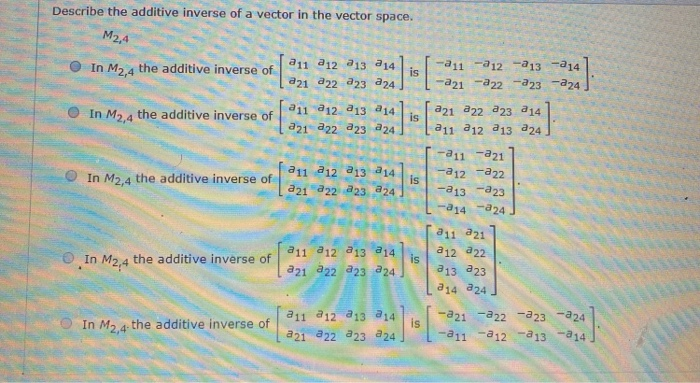 Solved Describe the additive inverse of a vector in the | Chegg.com