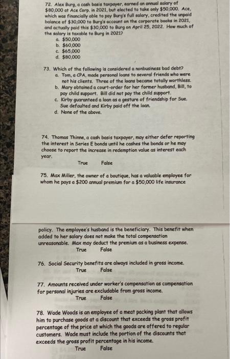 Solved 72. Alex Burg, a cash basis taxpayer, corned an | Chegg.com