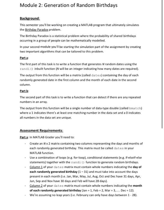 Solved Module 2: Generation of Random Birthdays Background: | Chegg.com