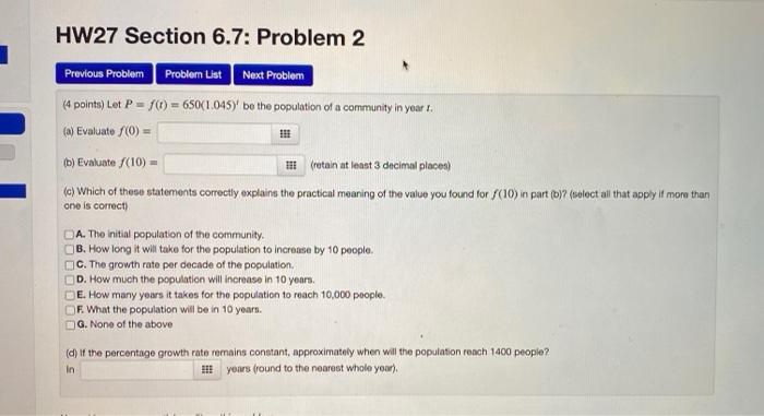 Solved HW27 Section 6.7: Problem 2 Previous Problem Probler | Chegg.com