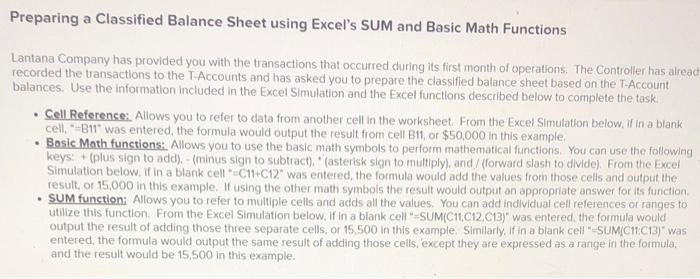 Solved Preparing a Classified Balance Sheet using Excel's | Chegg.com