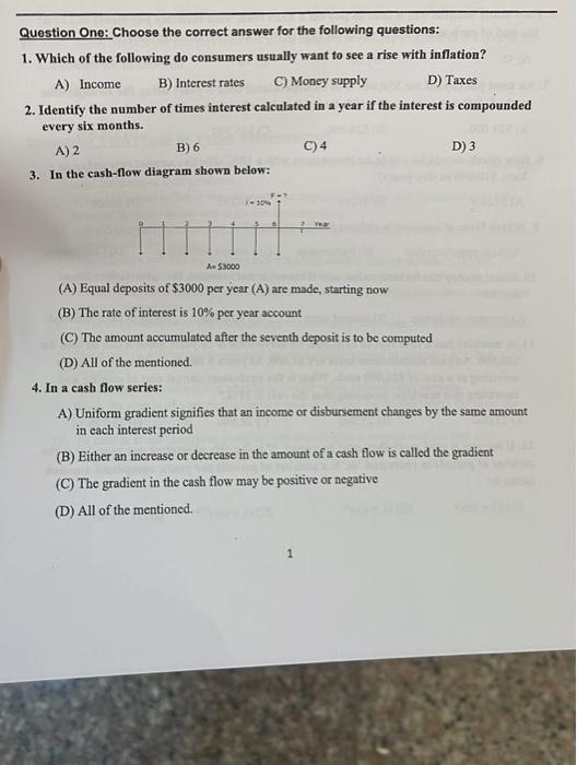Solved Question One: Choose the correct answer for the | Chegg.com