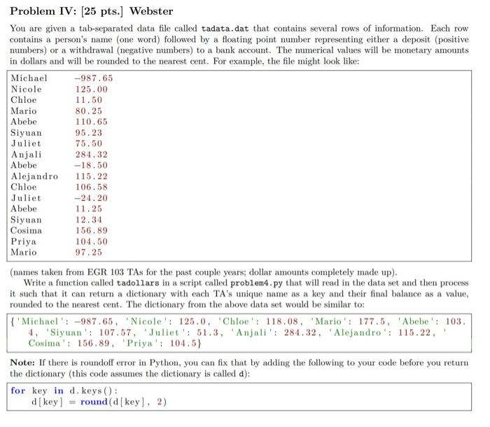 Solved Problem IV: [25 pts.] Webster You are given a | Chegg.com