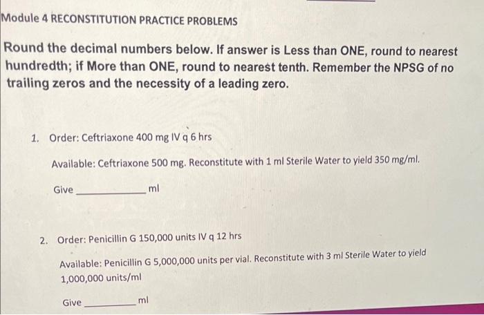 Solved Module 4 RECONSTITUTION PRACTICE PROBLEMS Round The Chegg