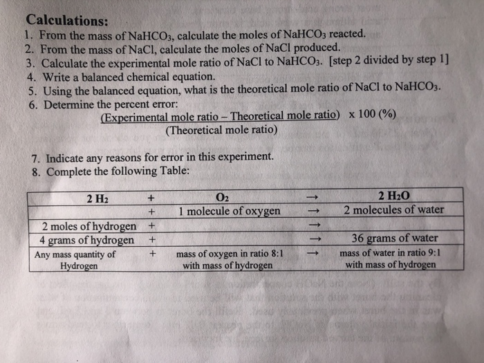 Solved Calculations: 1. From the mass of NaHCO3, calculate | Chegg.com