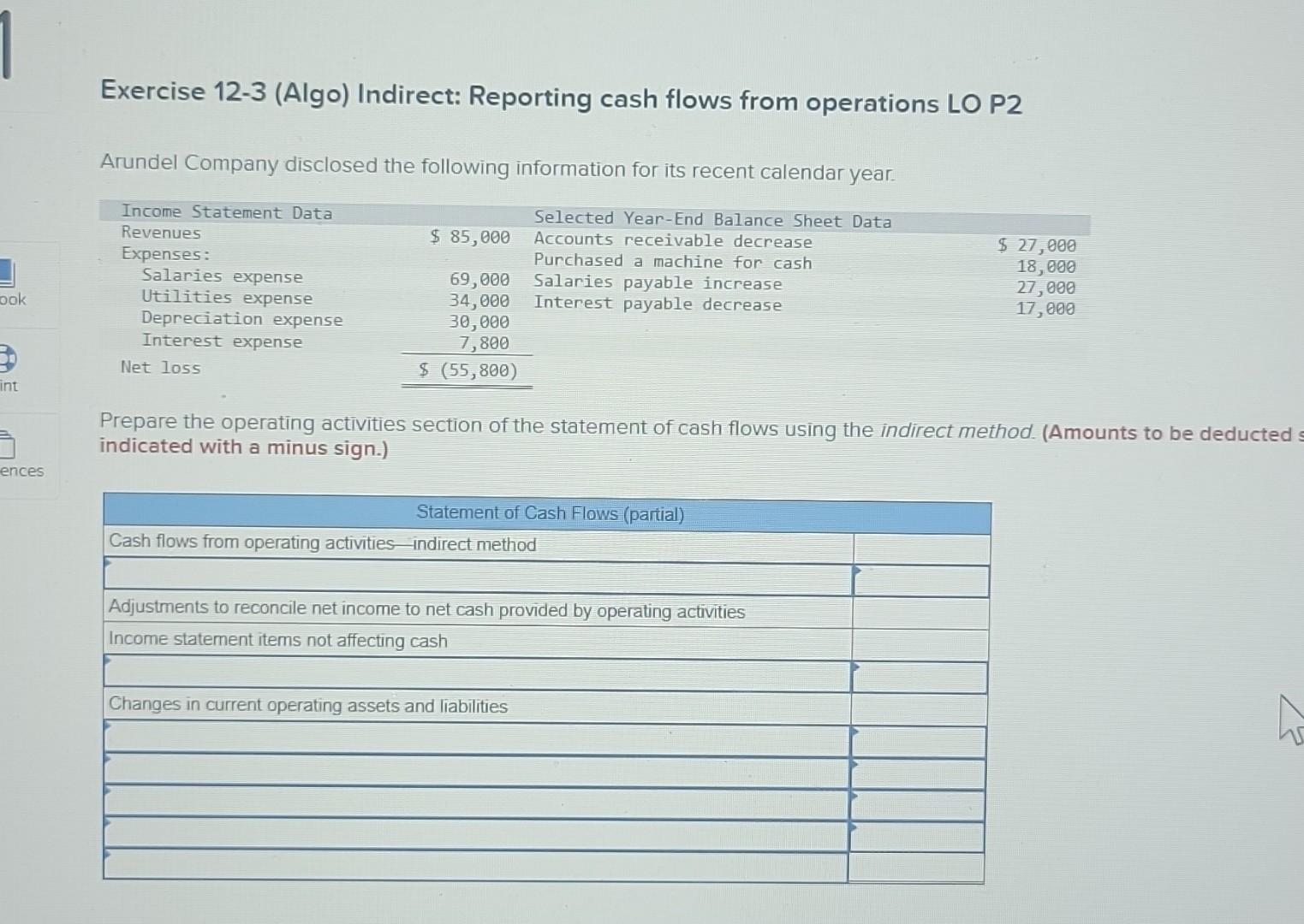 Solved Exercise 12-3 (Algo) Indirect: Reporting cash flows | Chegg.com
