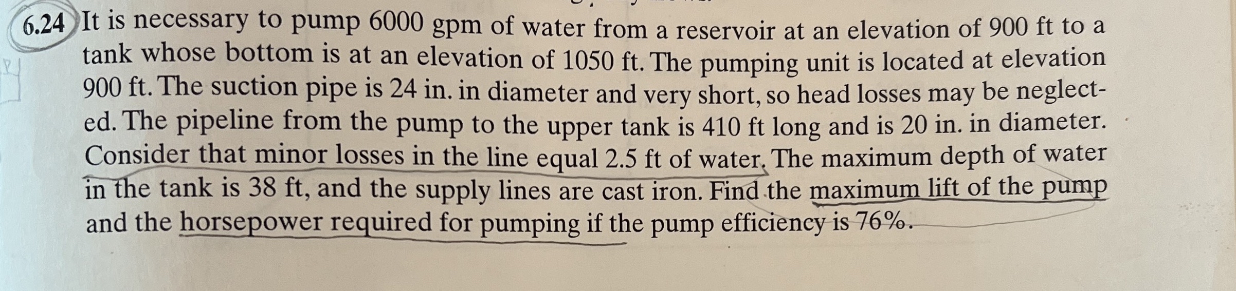 Solved 6.24 ﻿It is necessary to pump 6000 ﻿gpm of water from | Chegg.com