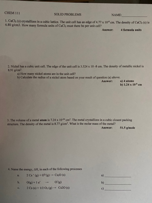 Solved CHEM 111 SOLID PROBLEMS NAME: 1. CaCl2 (s) | Chegg.com