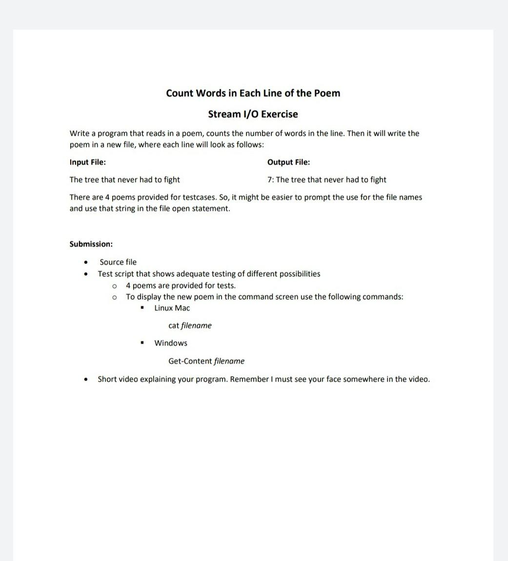 Solved Count Words in Each Line of the Poem Stream 1/0 | Chegg.com