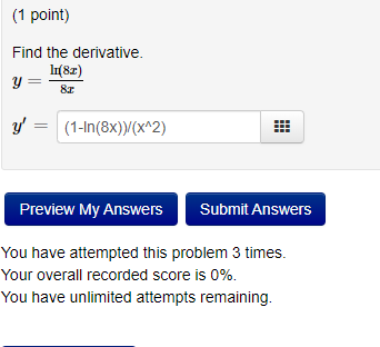Solved y=ln(8x)/8x. ﻿find the derivative(1 ﻿point)Find the | Chegg.com