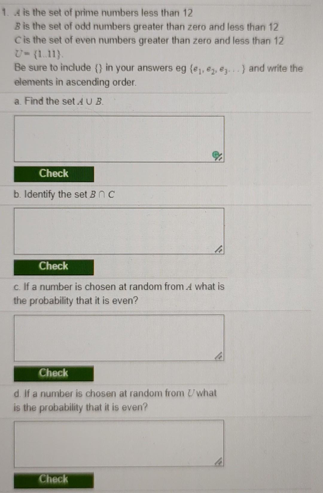 Solved 1. A is the set of prime numbers less than 12 Bis the | Chegg.com