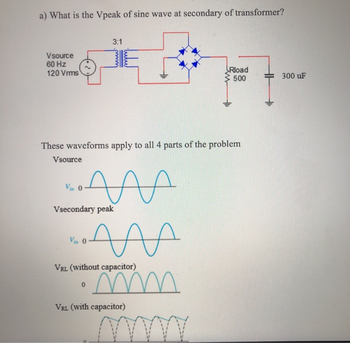 Solved a) What is the Vpeak of sine wave at secondary of | Chegg.com
