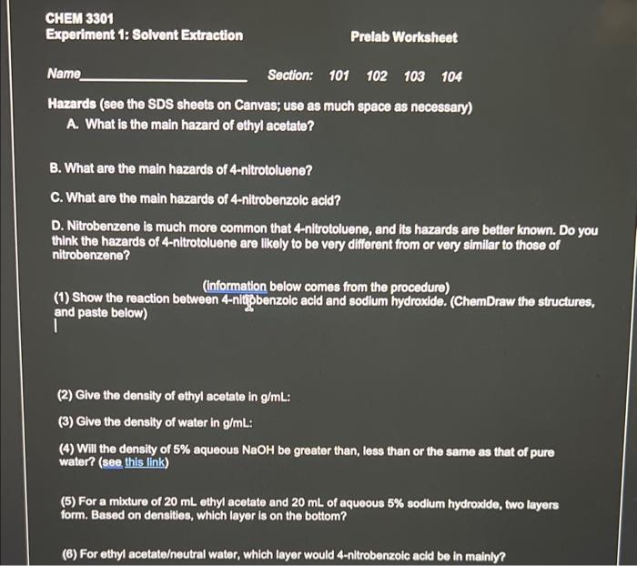 Solved CHEM3301 Experiment 1: Solvent Extraction Prelab | Chegg.com