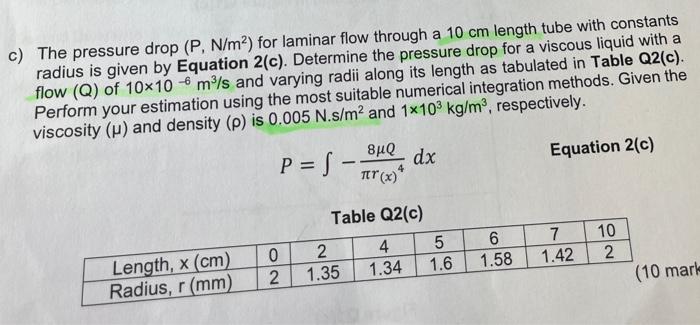 Solved c) The pressure drop (P, N/m2) for laminar flow | Chegg.com
