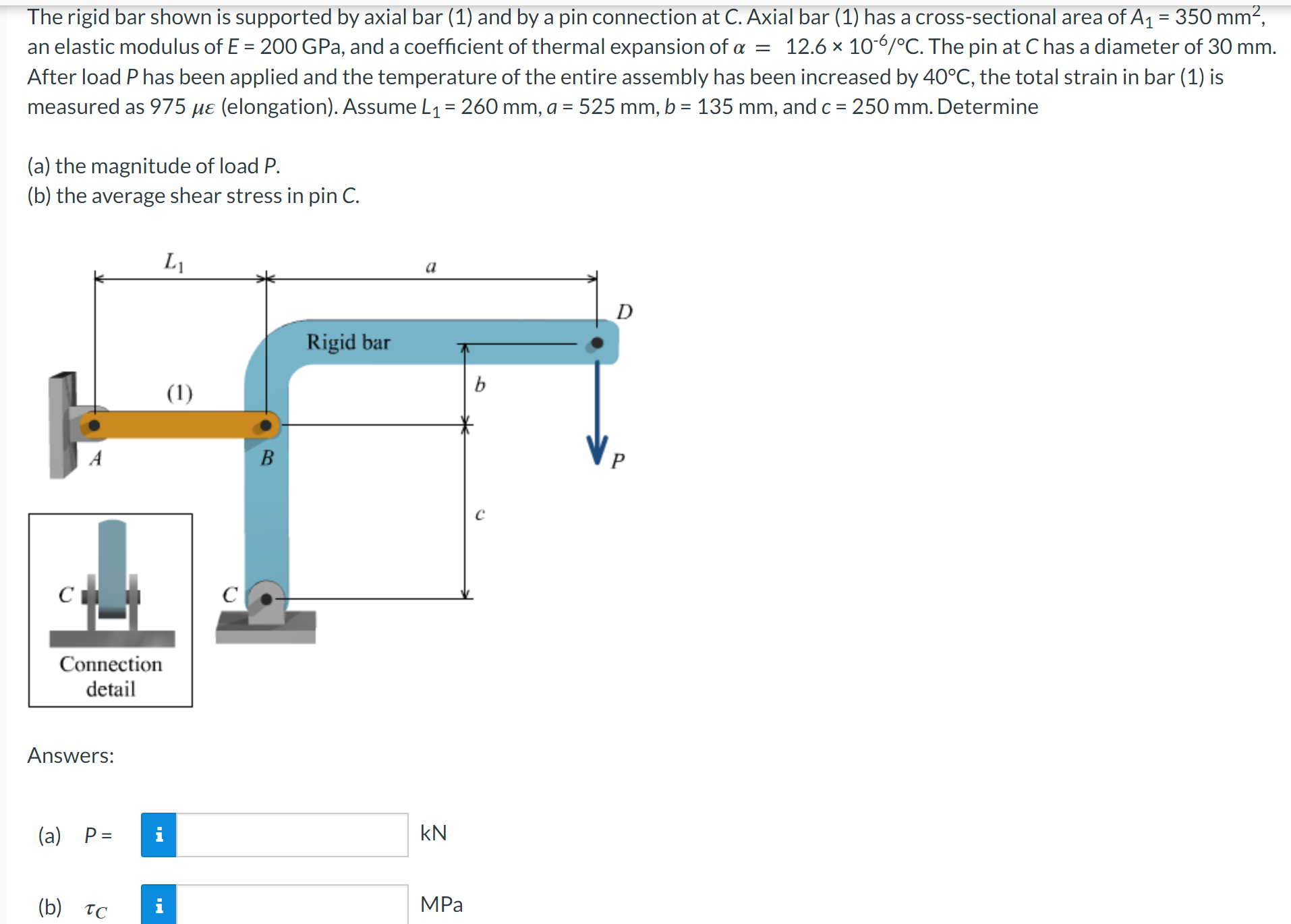 Solved The rigid bar shown is supported by axial bar (1) | Chegg.com
