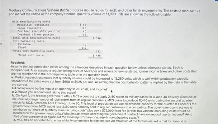 Solved Medbury Communications Systems (MCS) produces mobile | Chegg.com