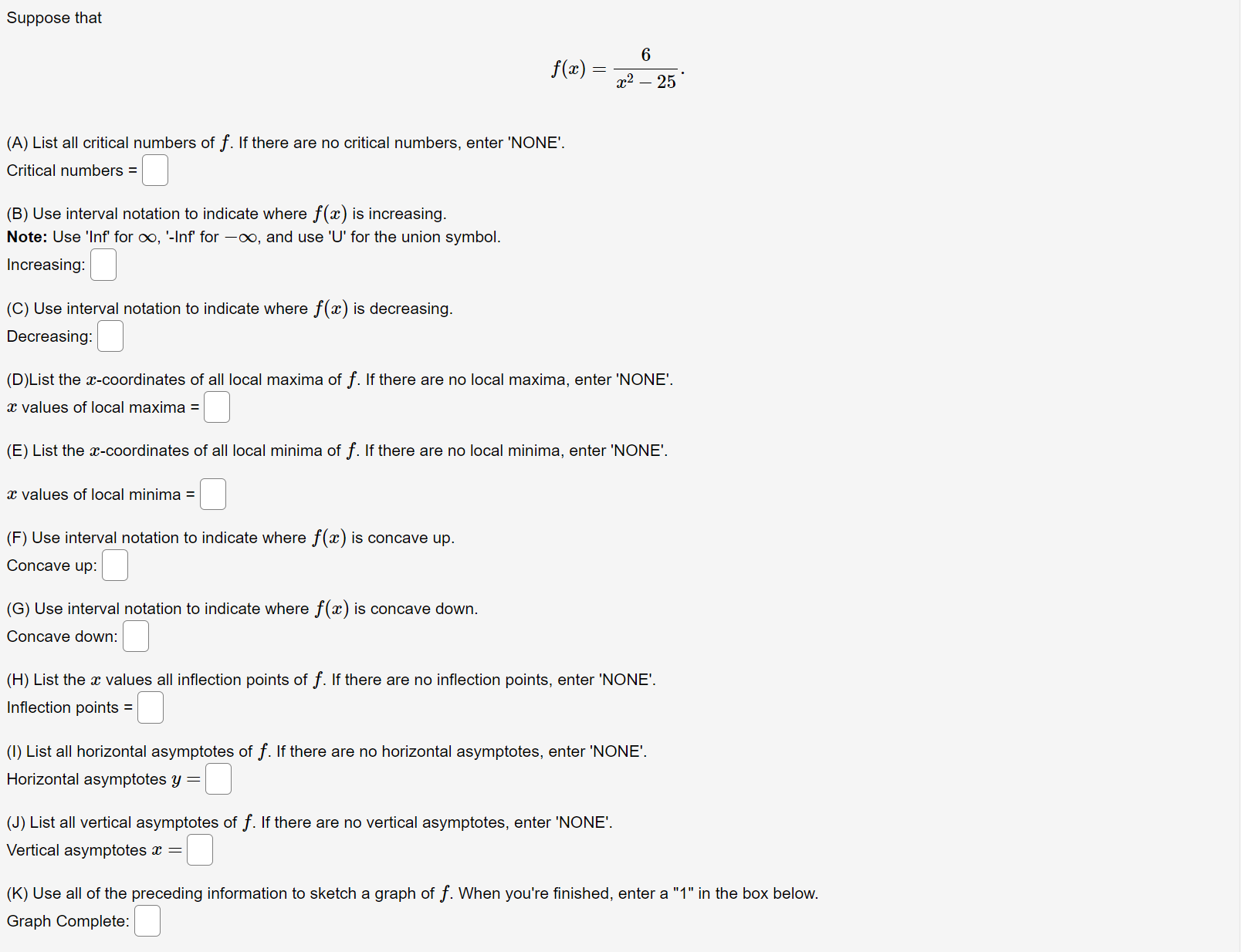 Solved Suppose thatf(x)=6x2-25.(A) ﻿List all critical | Chegg.com